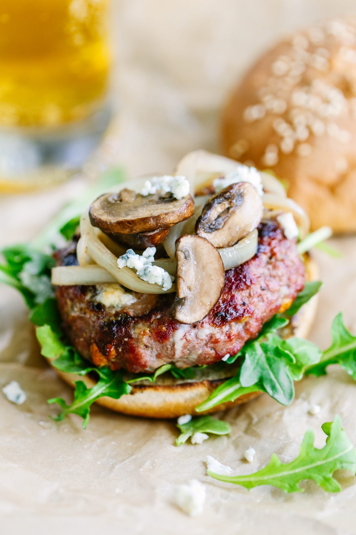 Chipotle Blue Cheese Burgers with Mushrooms and Onions - Live Simply
