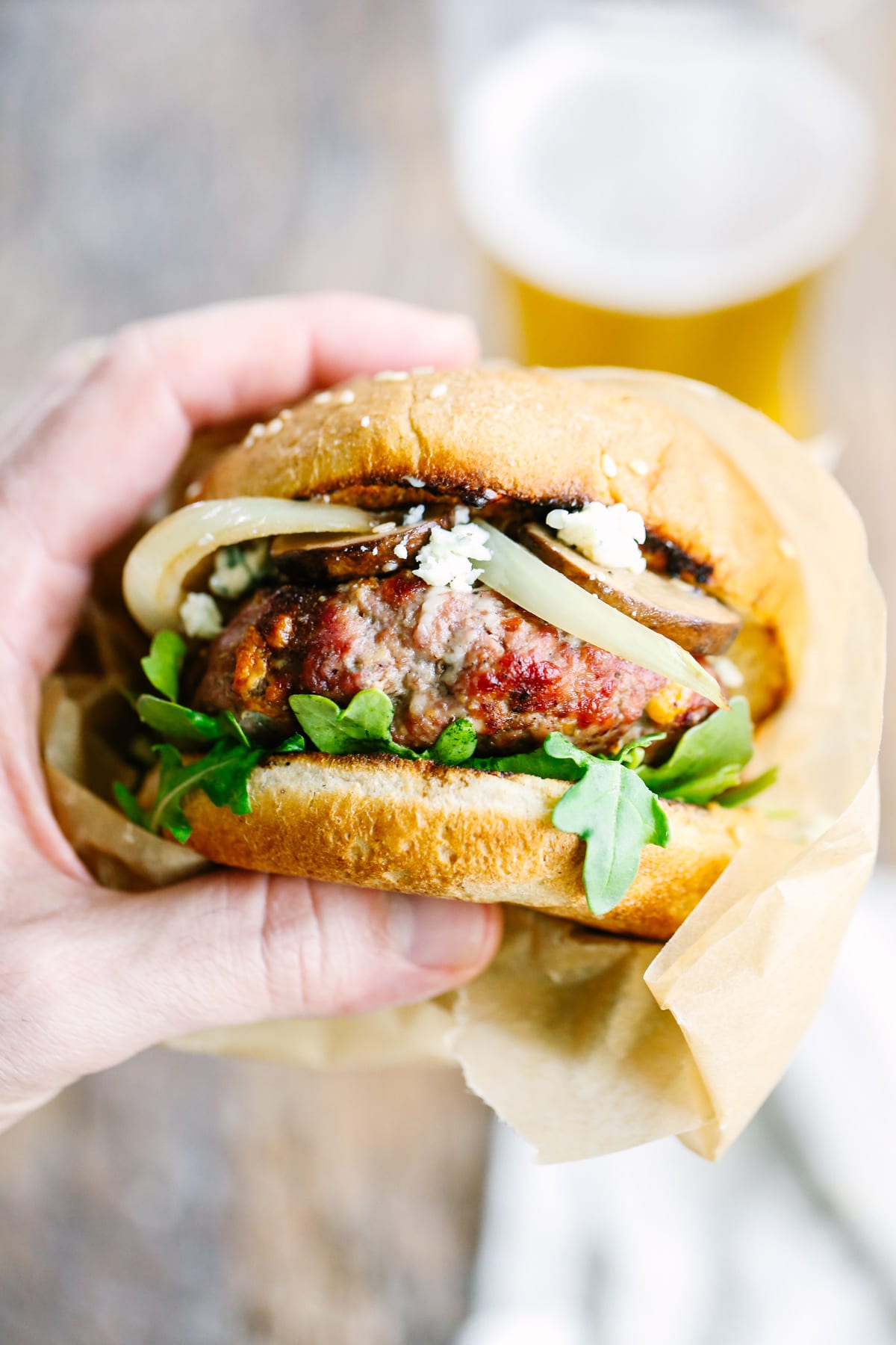 Chipotle Blue Cheese Burgers with Mushrooms and Onions - Live Simply